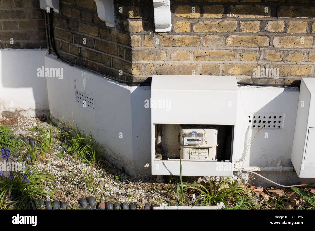 gas meter outside a house basement Stock Photo - Alamy