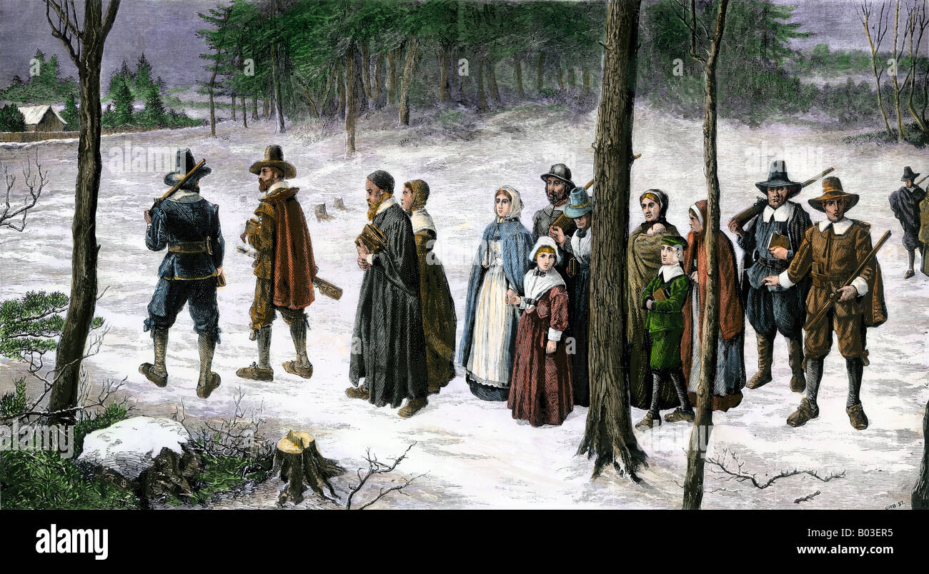 New England Puritans on their way to church in the snow Stock Photo ...