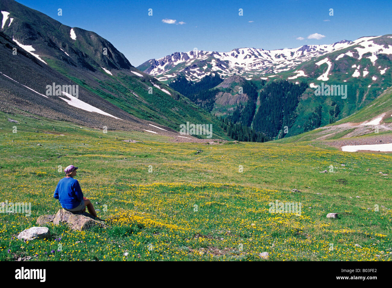 Woman sits beside meadow on the western side of Cinnamon Pass, Alpine ...