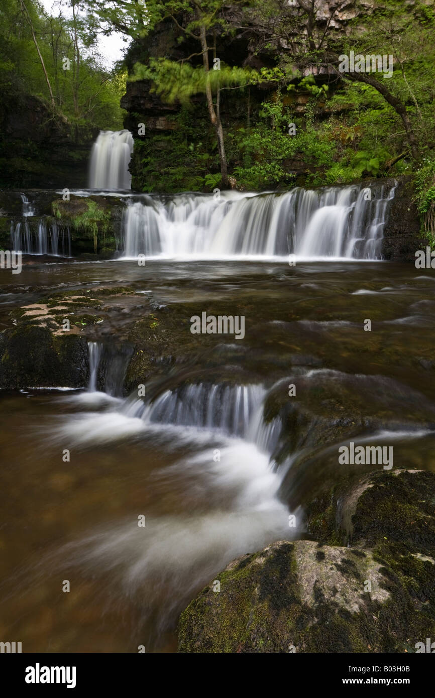 Wide angle view of cascading waterfall in the Brecon Beacons National ...