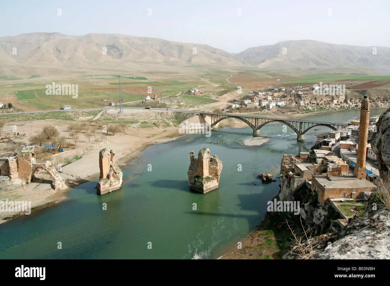 Tigris seen from the clifftop fortress at Hasankeyf with the stumps of ...