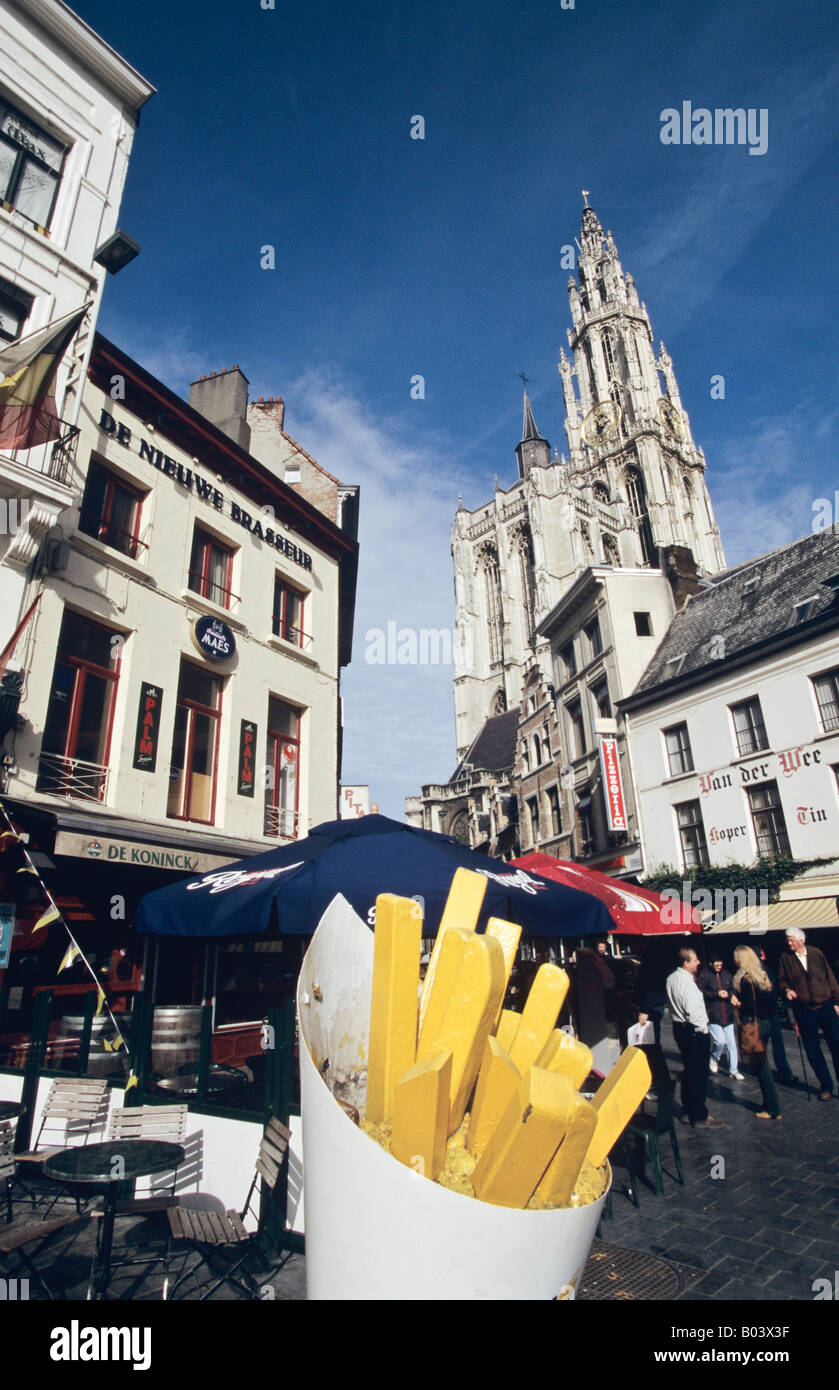 a giant cone of French fries, the ubiquitous fast food in Belgium in ...
