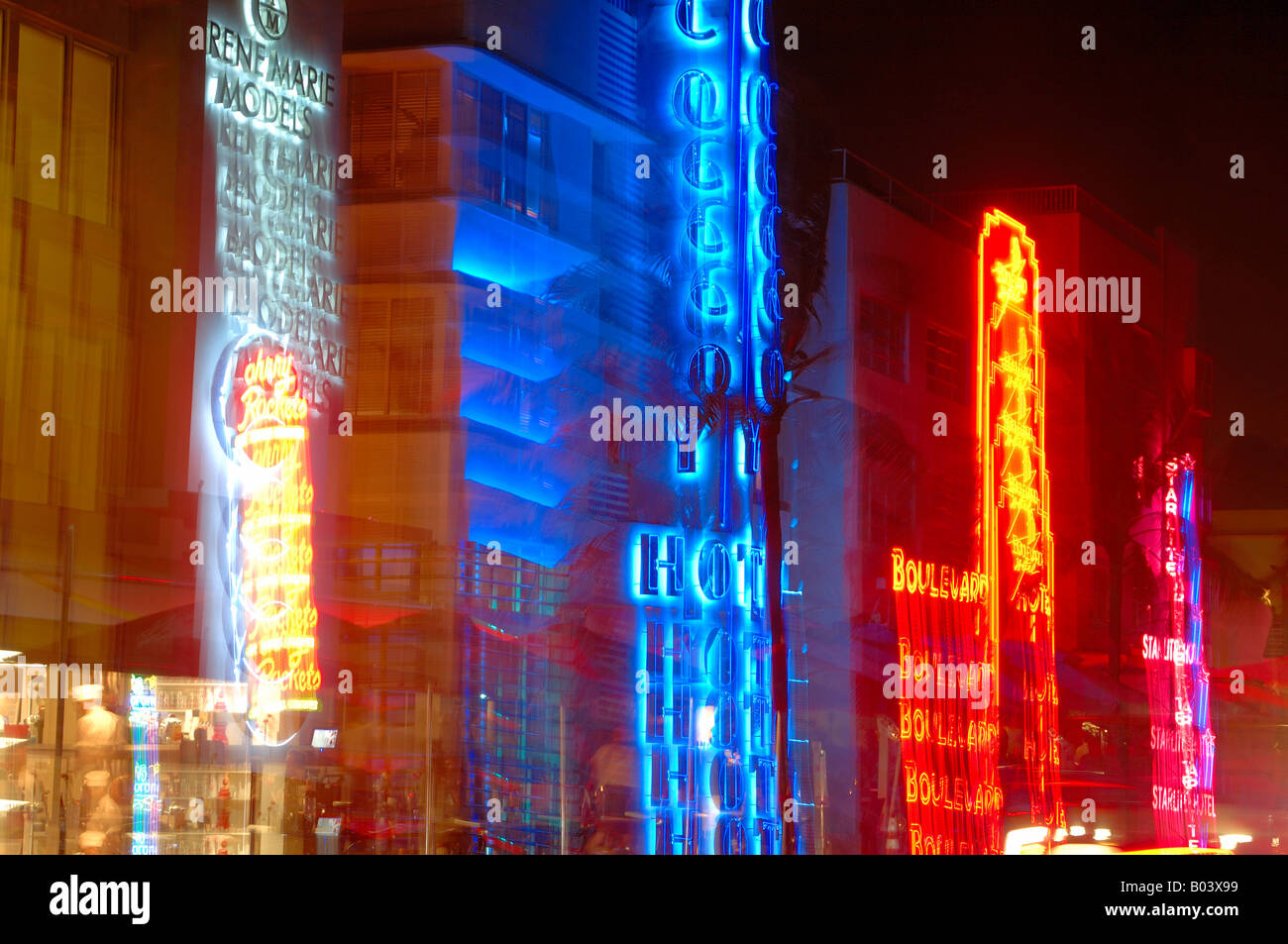 abstract illustration of hotel; neon signs at night; miami ;south beach ...
