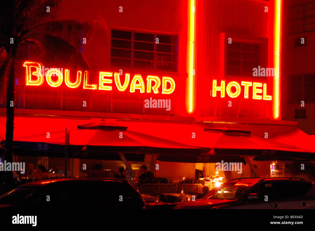 abstract illustration of hotel; neon signs at night; miami ;south beach ...