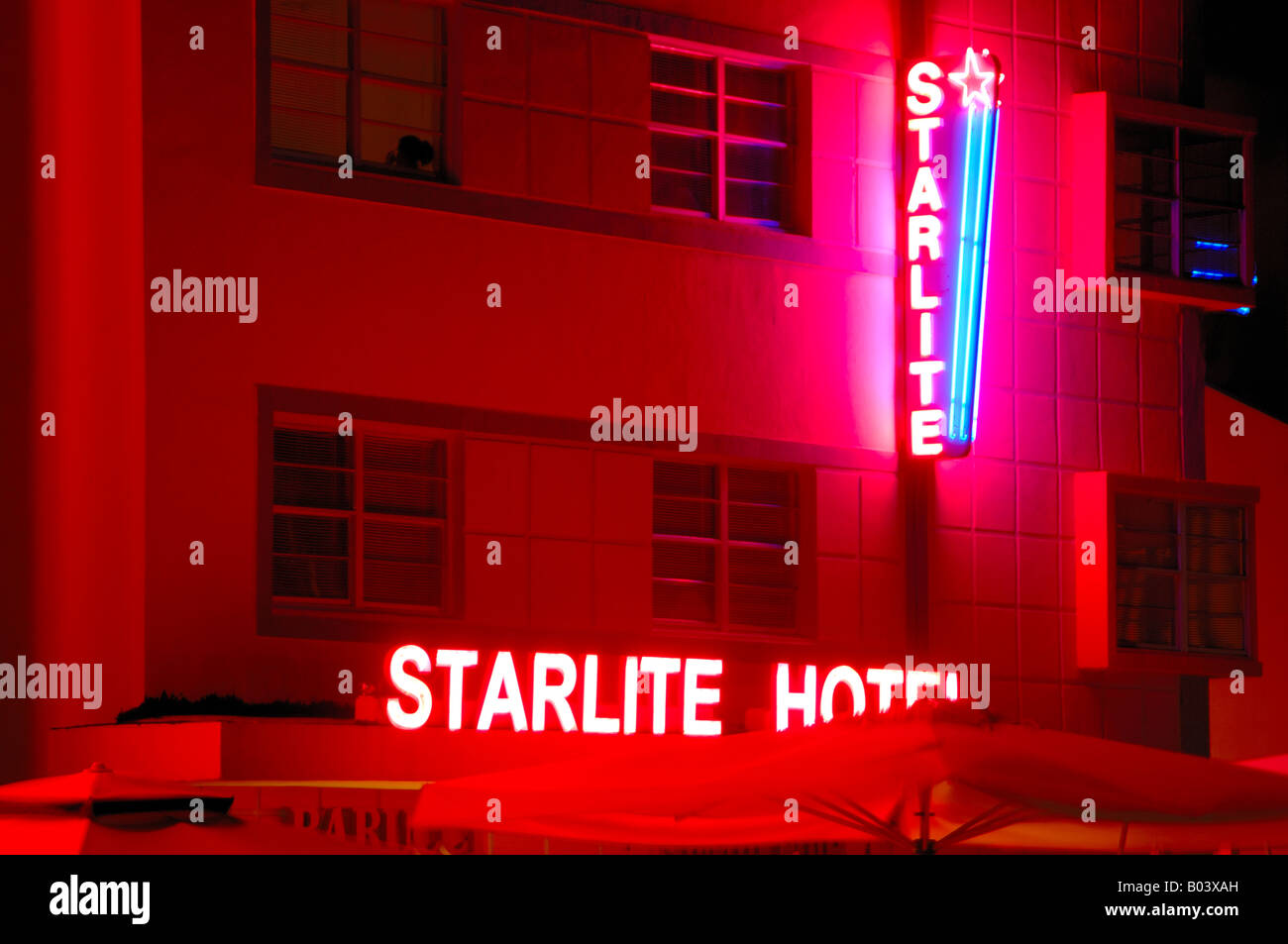 abstract illustration of hotel; neon signs at night; miami ;south beach ...