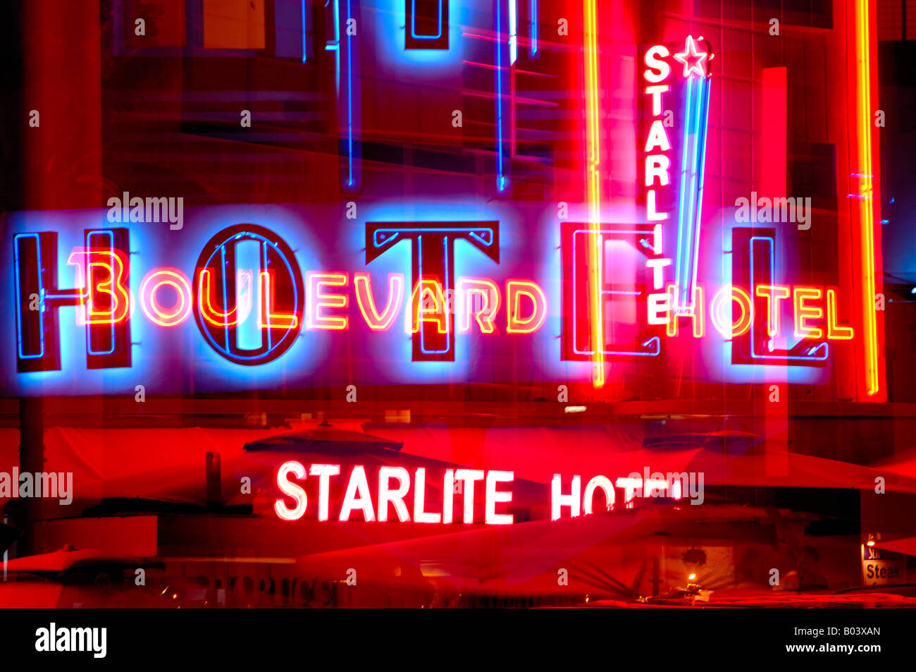 abstract illustration of hotel; neon signs at night; miami ;south beach ...
