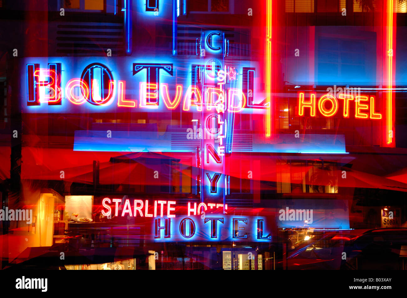 abstract illustration of hotel; neon signs at night; miami ;south beach ...