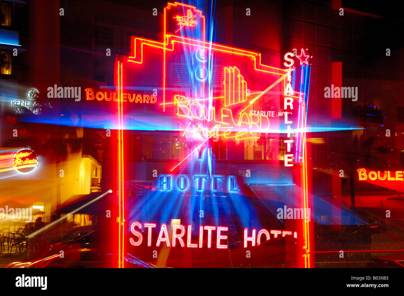 abstract illustration of hotel; neon signs at night; miami ;south beach ...
