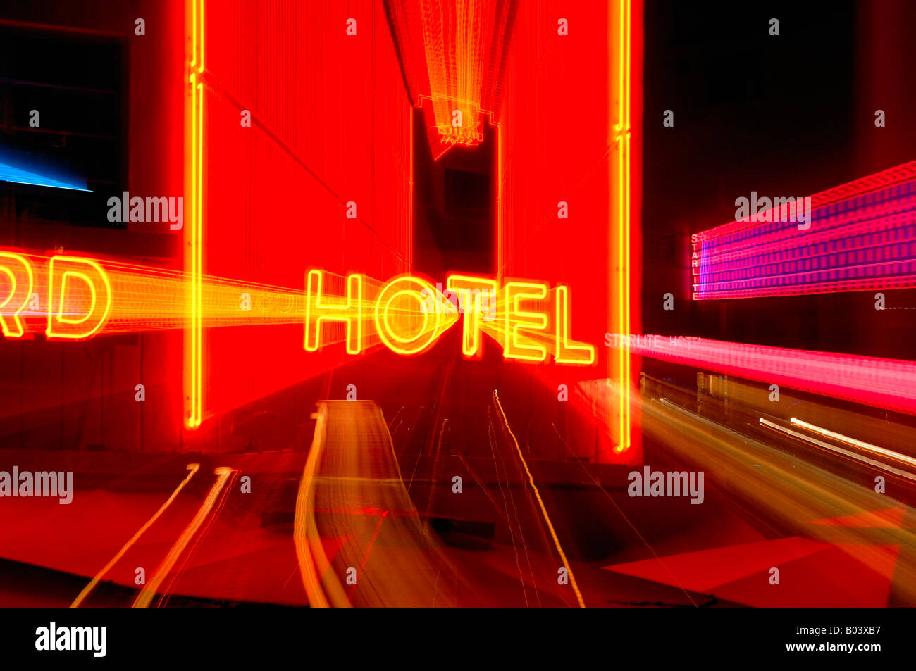 abstract illustration of hotel; neon signs at night; miami ;south beach ...