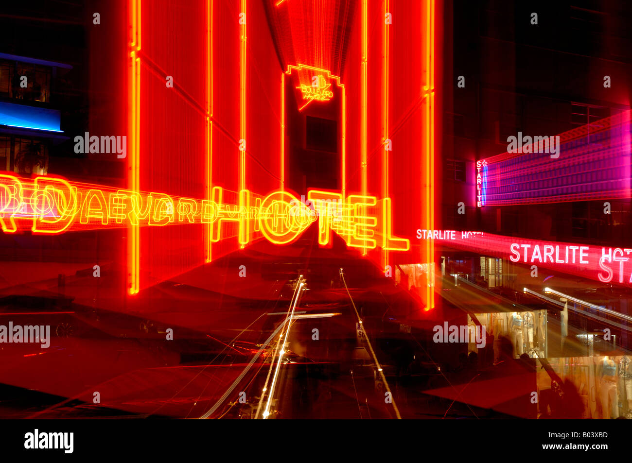 abstract illustration of hotel; neon signs at night; miami ;south beach ...