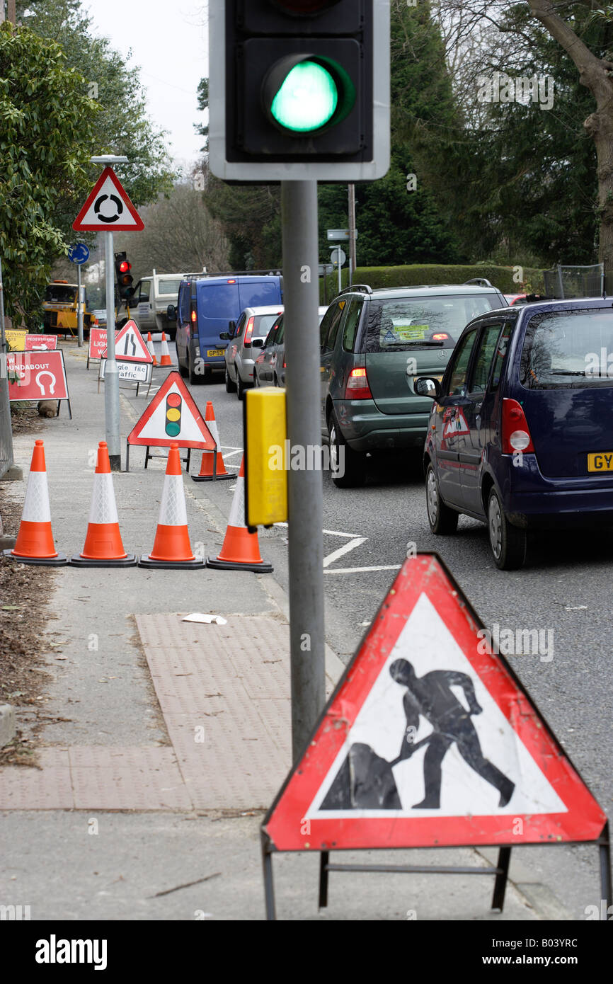 Roadworks and traffic queue England UK Stock Photo - Alamy