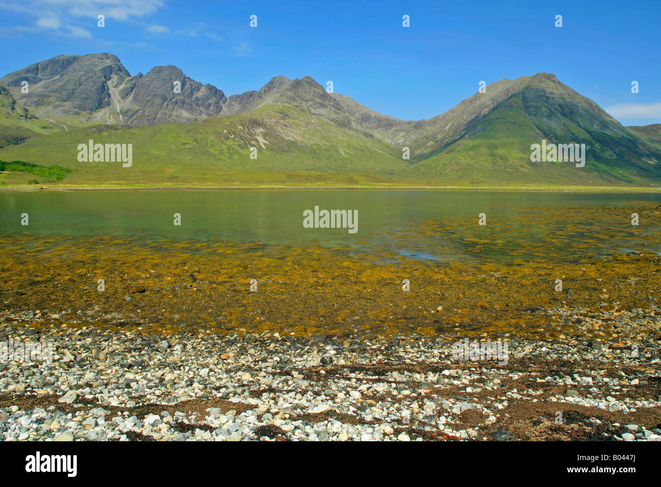 Red Cuillins and Loch Slapin seen from beach near Torrin at low tide ...