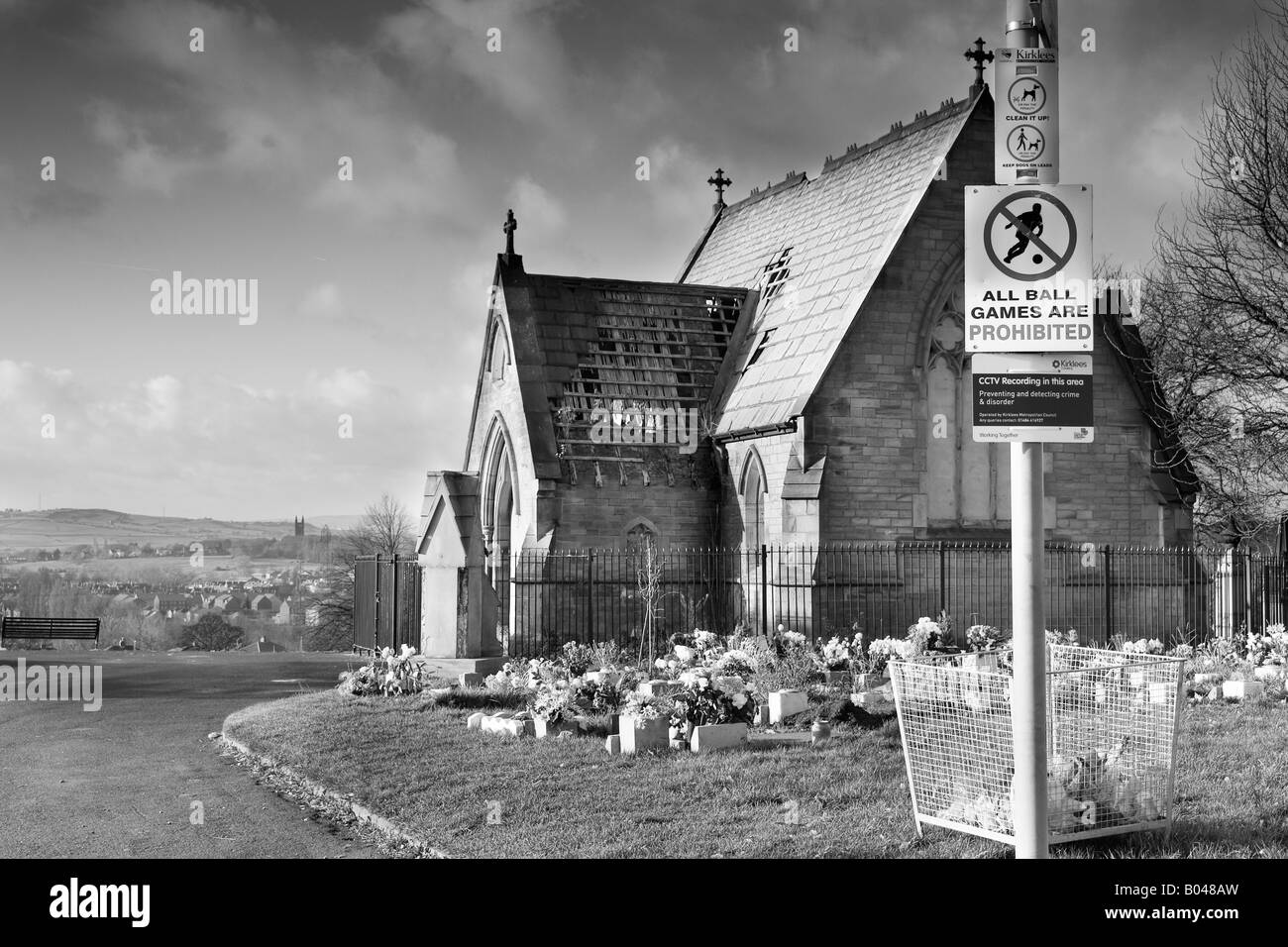 dewsbury cemetery,Dewsbury moor, with derelict chapel. cctv signs to ...