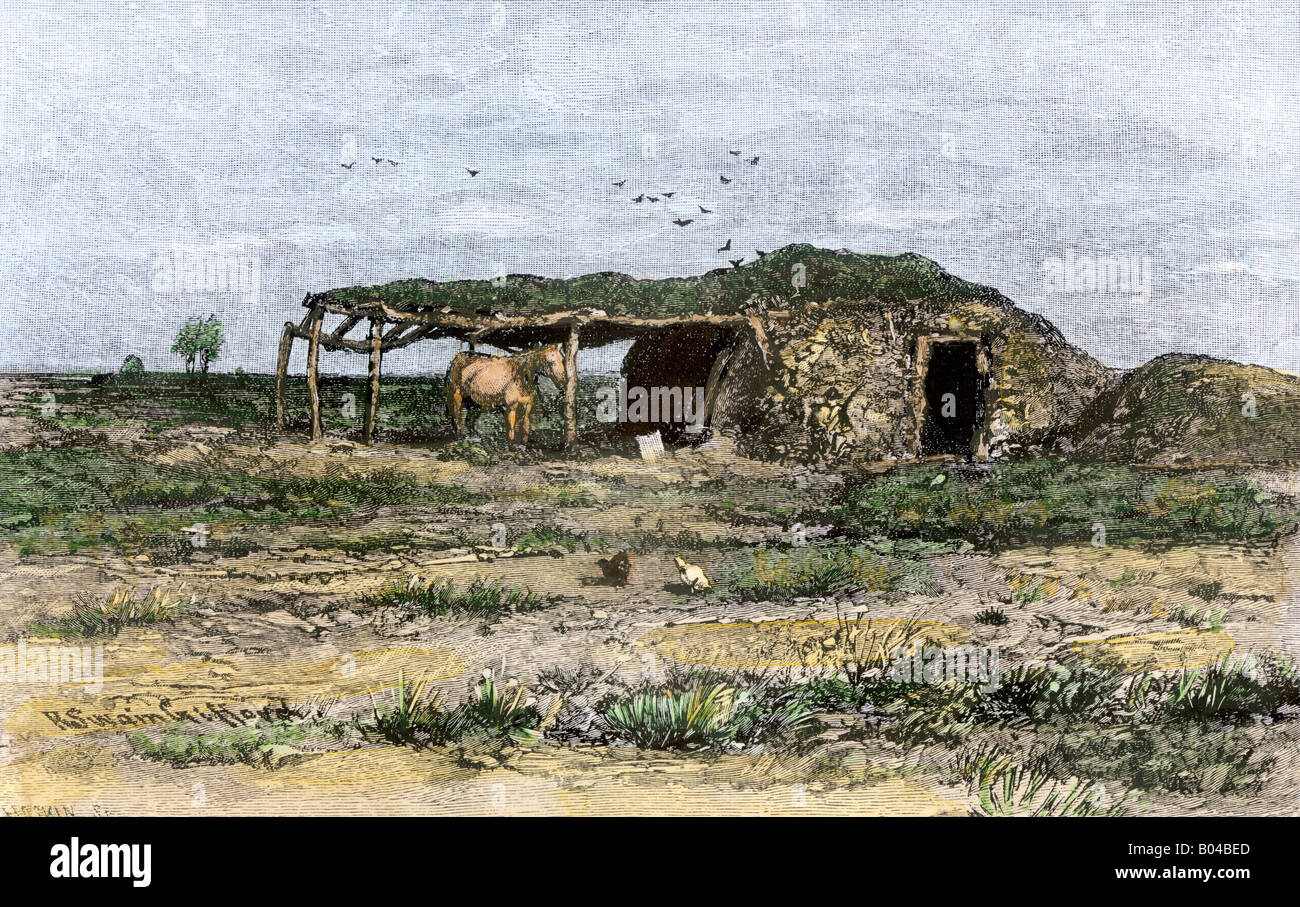 Barn made of sod on the Kansas prairie. Hand-colored woodcut Stock ...