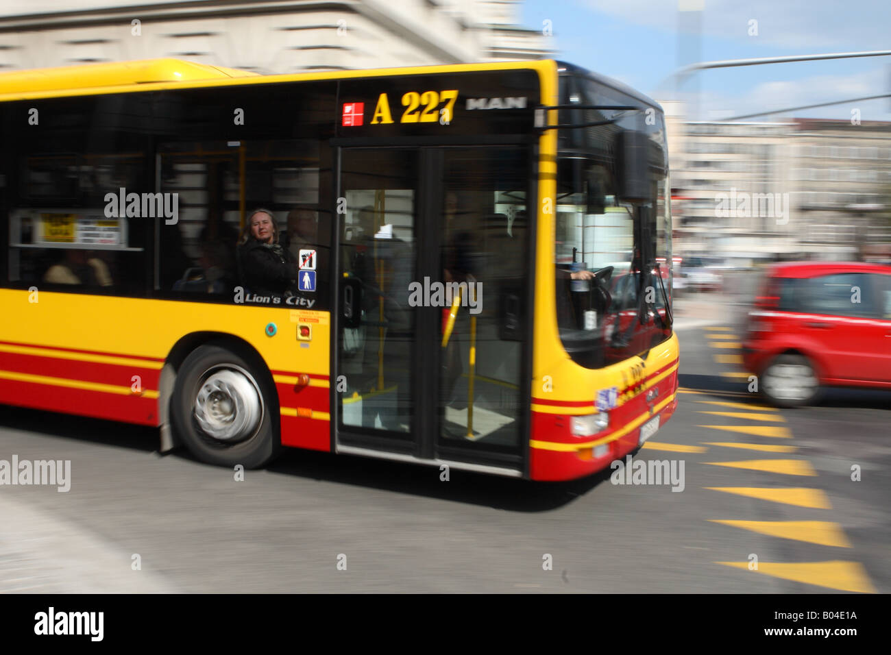 Warsaw Poland the city public transport bus system painted red and ...