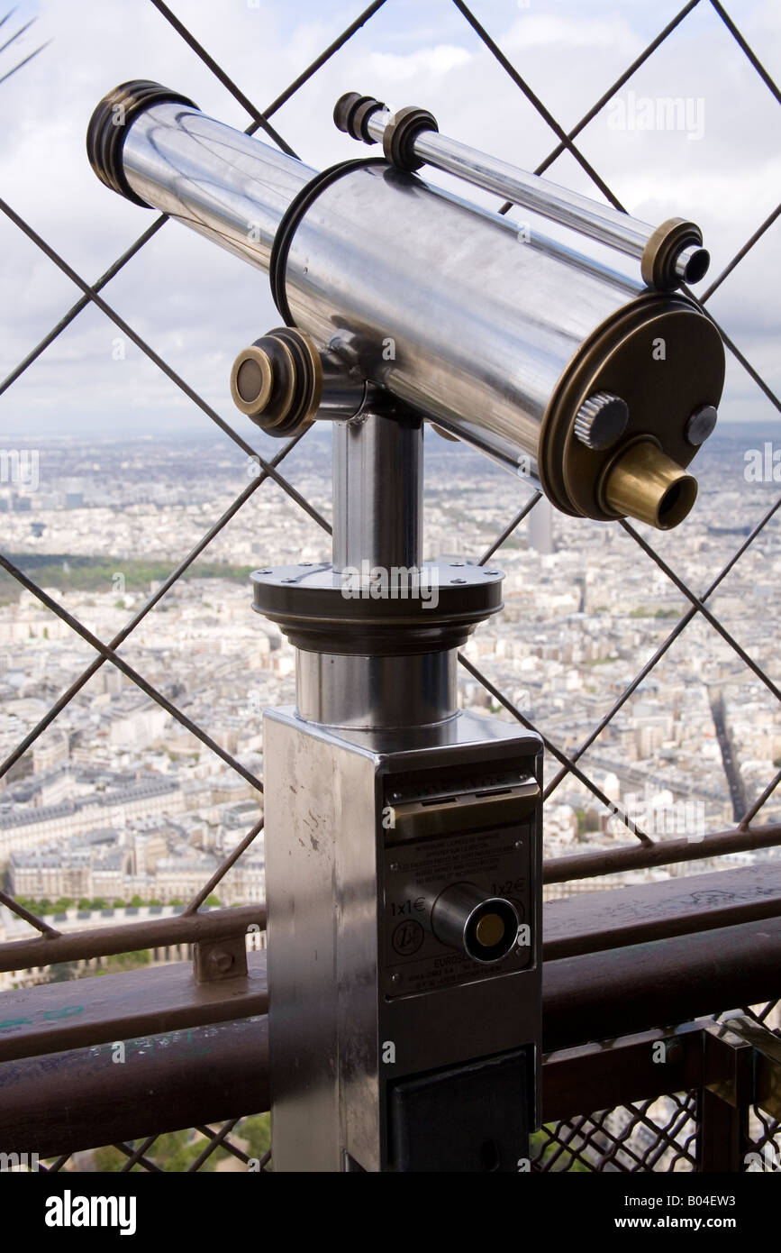 Coin operated telescope at the top of the Eifell Tower, Paris, France ...