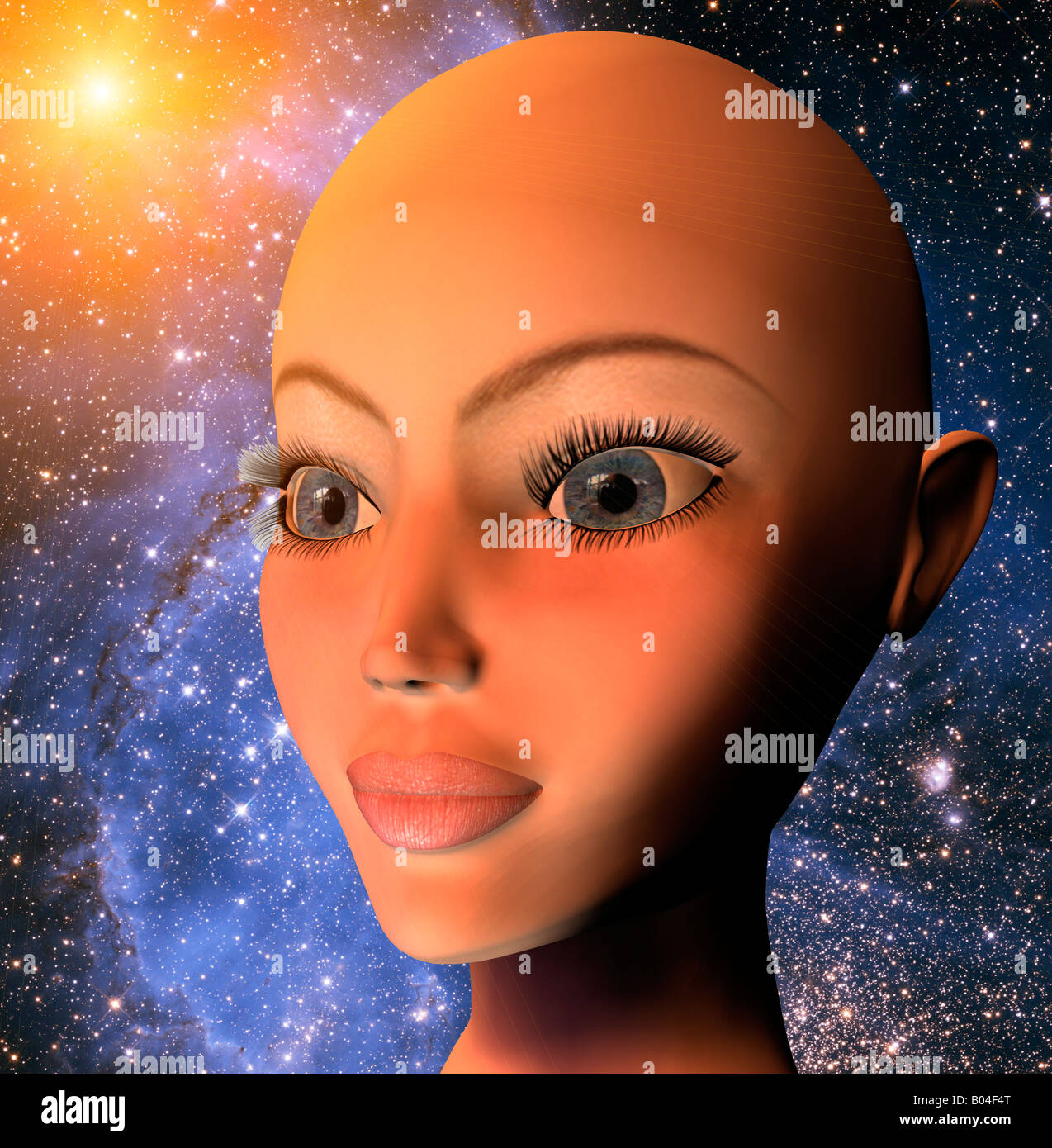 computer generated alien woman closeup with galaxy background Stock ...