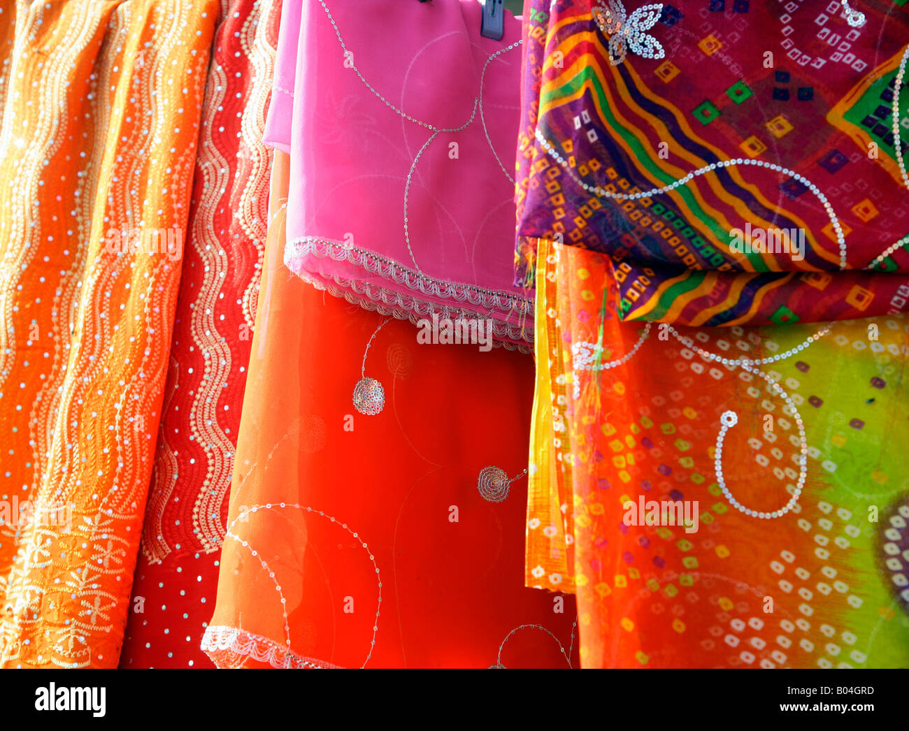 Brightly coloured sari fabric in local market, Jodhpur, Rajasthan ...