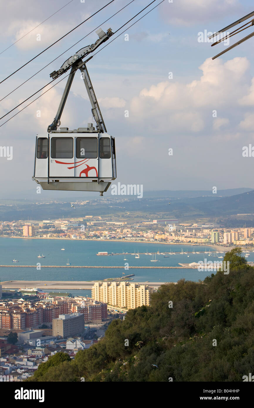 Cable car ascending the Rock with views over the city of Gibraltar ...