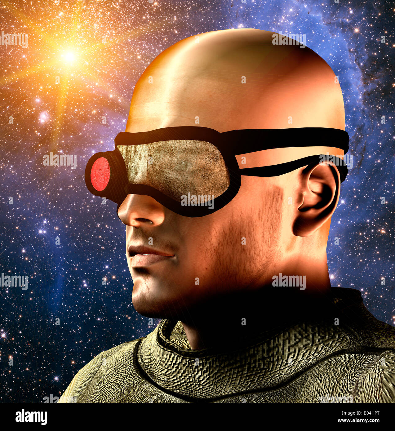 futuristic 3D computer generated bionic male robot head with galaxy ...