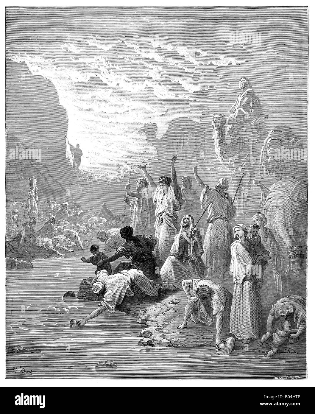 Engraving after Gustave Doré; Moses Striking the Rock in Horeb Stock ...