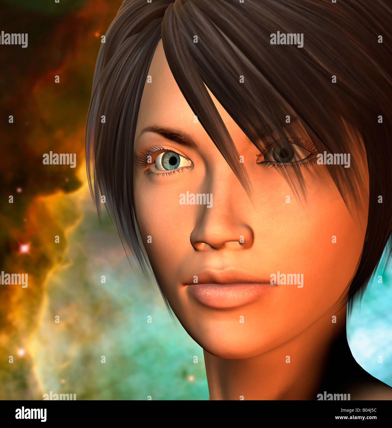 computer generated alien woman closeup with galaxy background Stock ...
