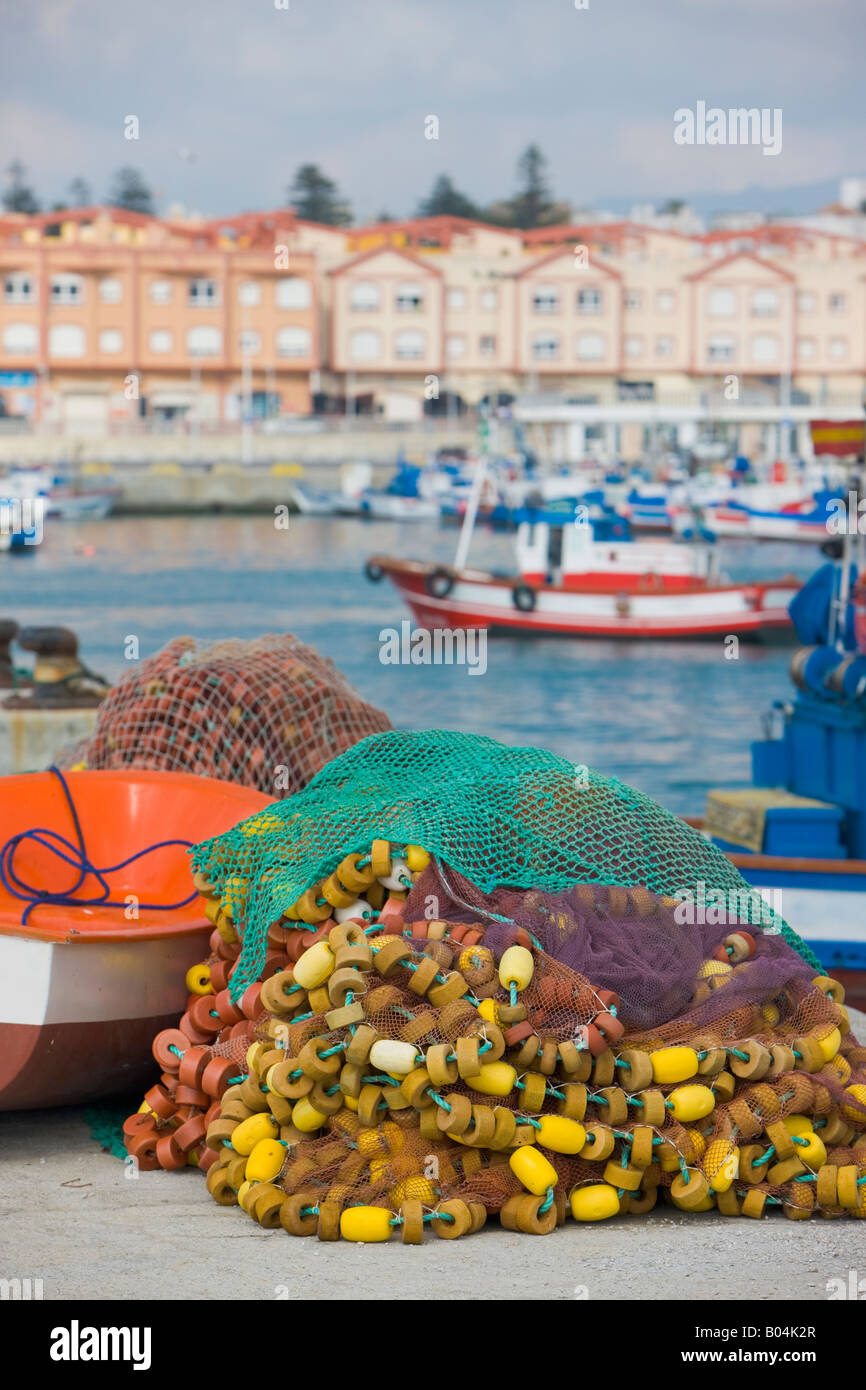 Fishing nets on the wharf in the town of Tarifa, Costa de la Luz ...