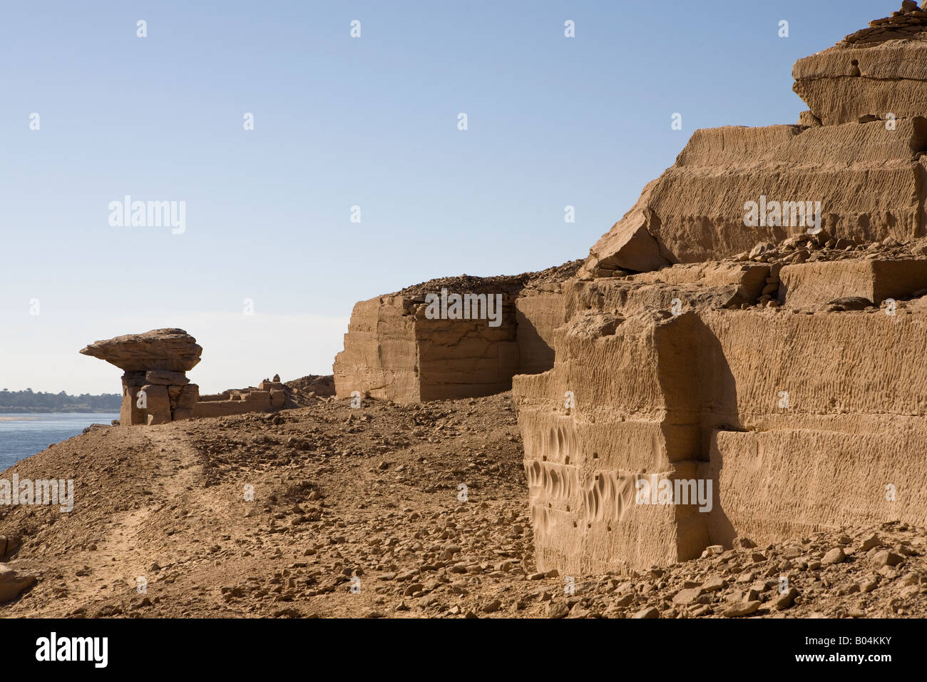 The capstone and worked walls at Gebel Silsilah sandstone Quarry on ...