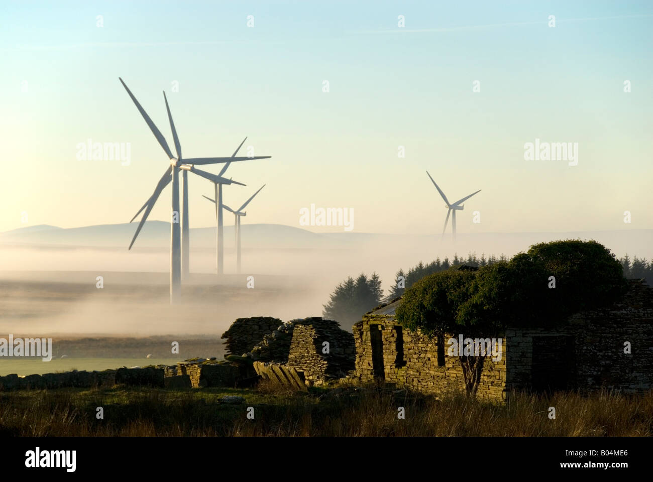Wind farm emerging from morning mist at Causeymire, Caithness, Scotland ...
