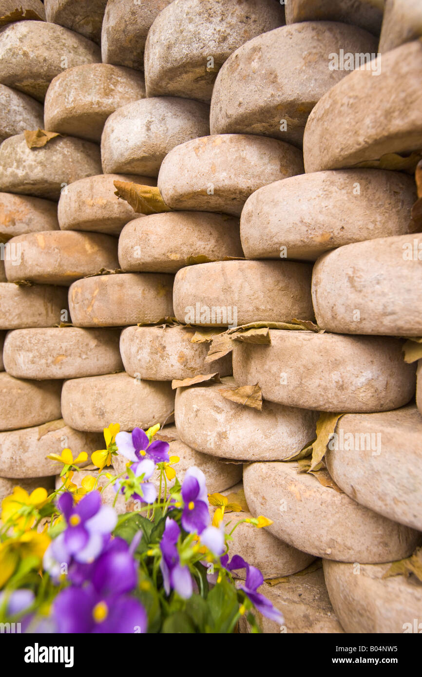 Cheese display in a shop window in the historic old town centre of ...