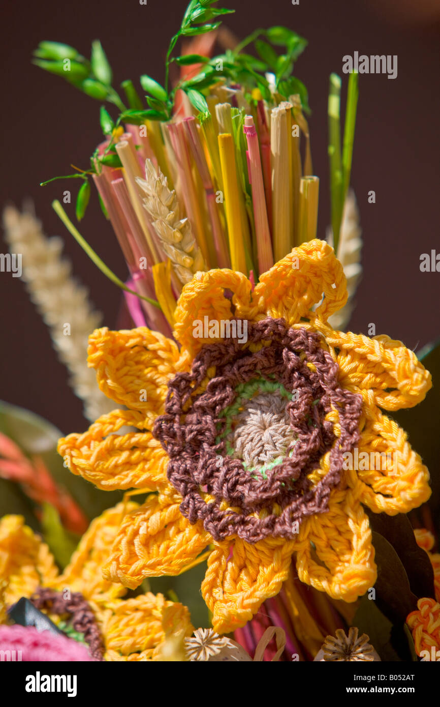 Crocheted flower arrangements on display at the markets in Piazza ...