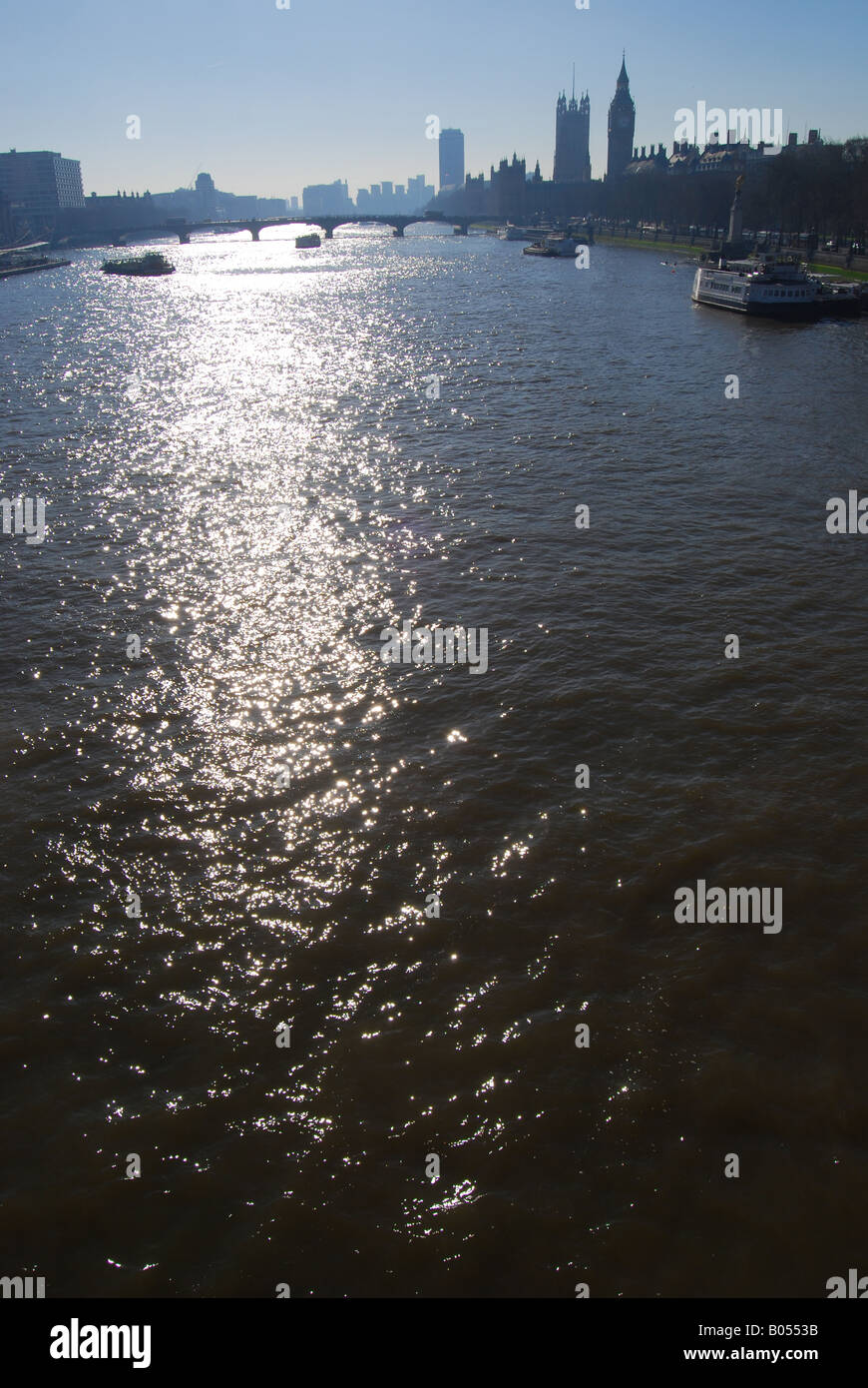 River Thames reflections glare sun Houses of Parliament Stock Photo - Alamy