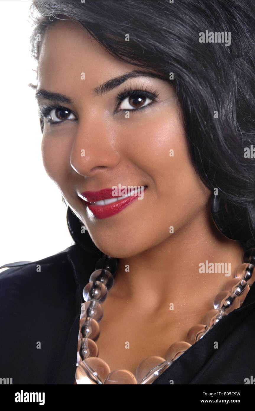 Beautiful young Latina socialite wearing a crystal necklace Stock Photo ...