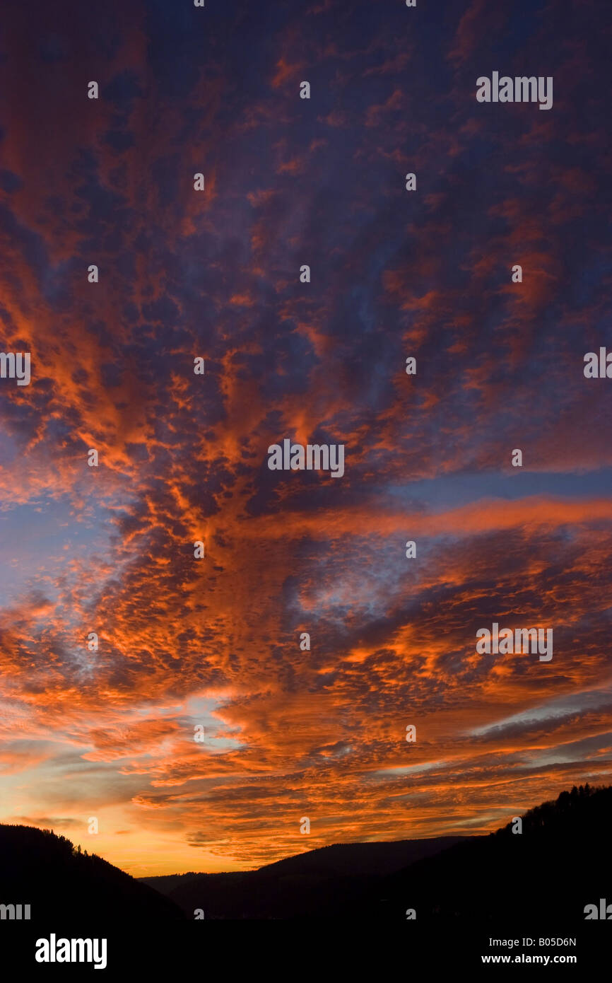evening sky with dramatically coloured clouds, Germany, Baden ...