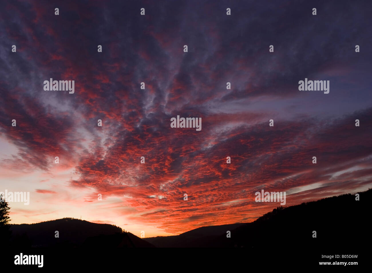 evening sky with dramatically coloured clouds, Germany, Baden ...