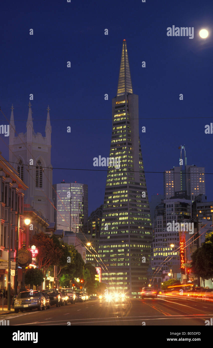View From Columbus Avenue To Transamerica Pyramid Building At Night In view-from-columbus-avenue-to-transamerica-pyramid-building-at-night-in