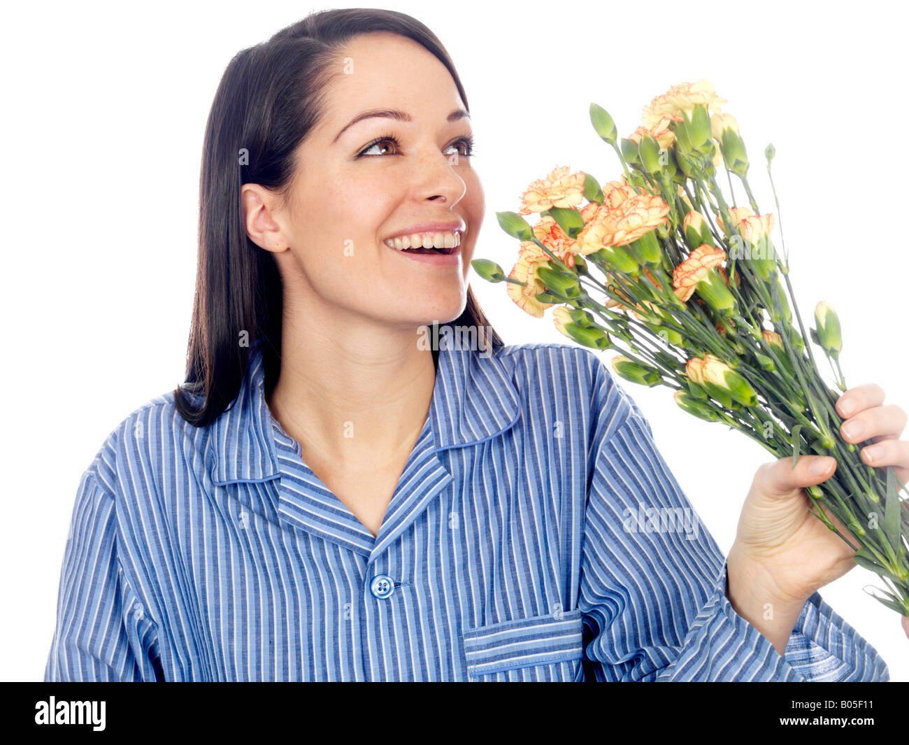 Young woman receiving bunch flowers hi-res stock photography and images ...