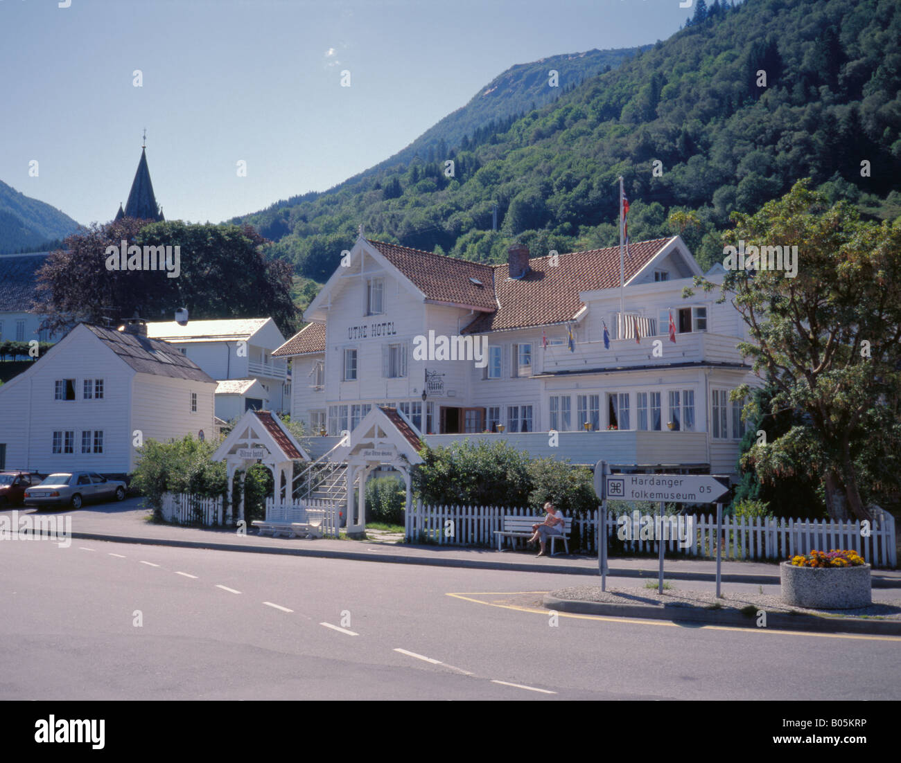 Utne Hotel, with Utne village and Church beyond, Hardangerfjord ...
