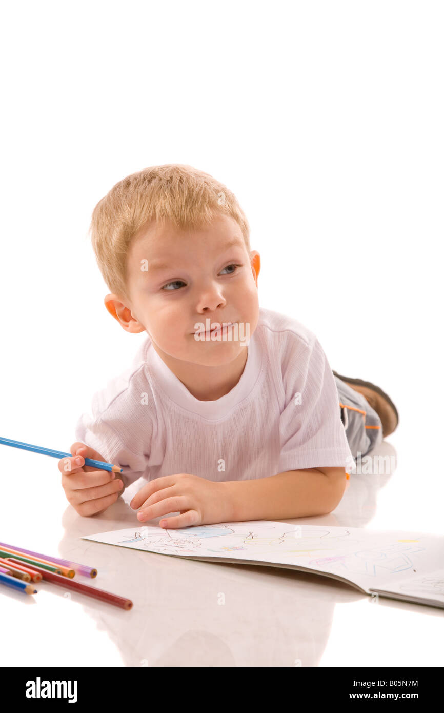 small boy with pencil on white background Stock Photo - Alamy