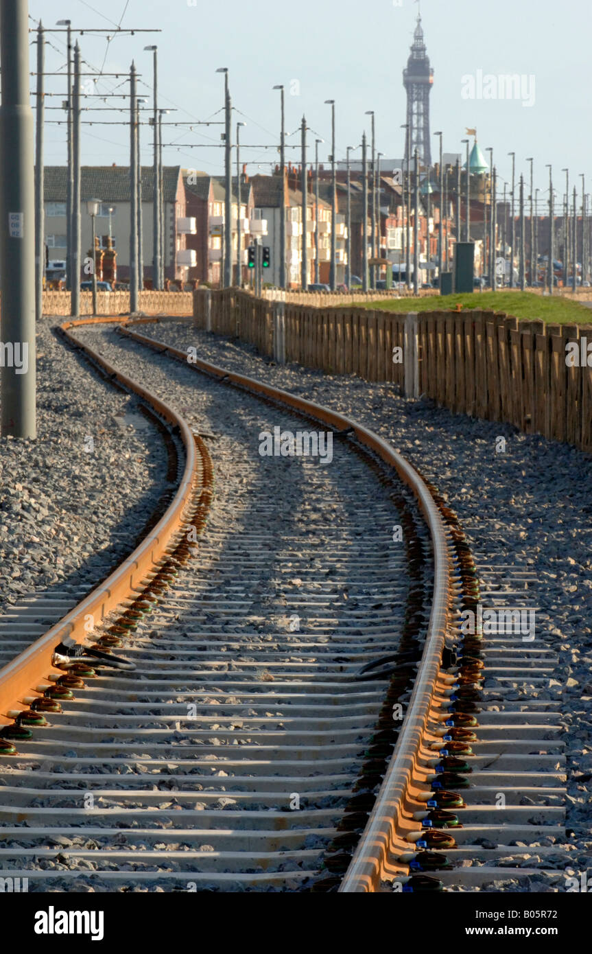 The re-newed tram-line along Blackpool seafront in Lancashire Stock ...