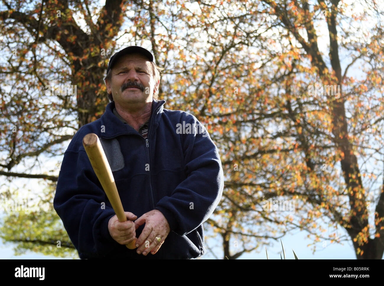 Older man practicing baseball with baseball bat in hands Stock Photo ...