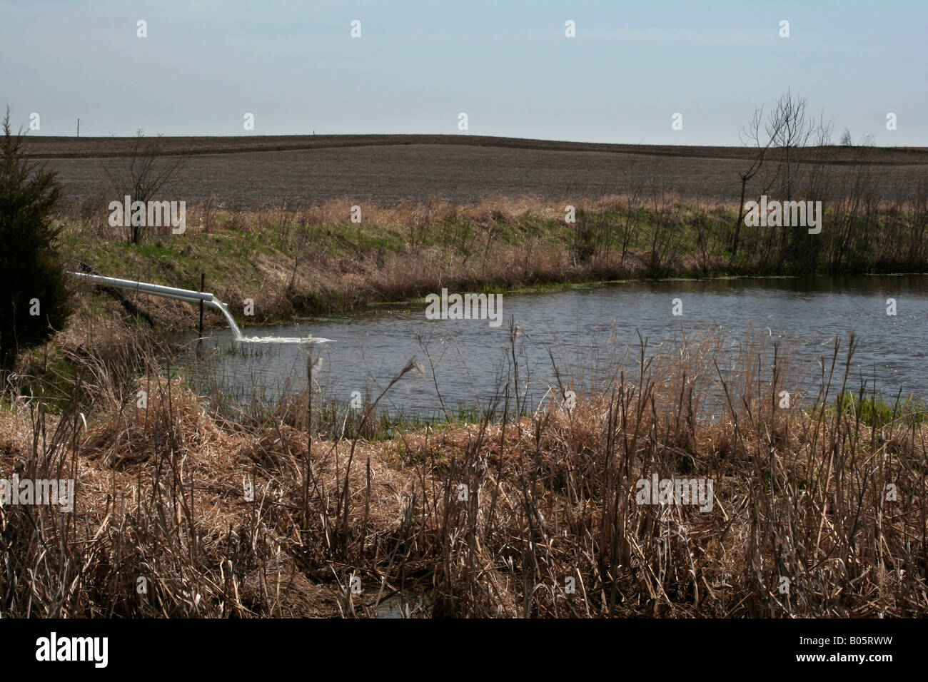 Field drainage pump outlet into pond Stock Photo - Alamy