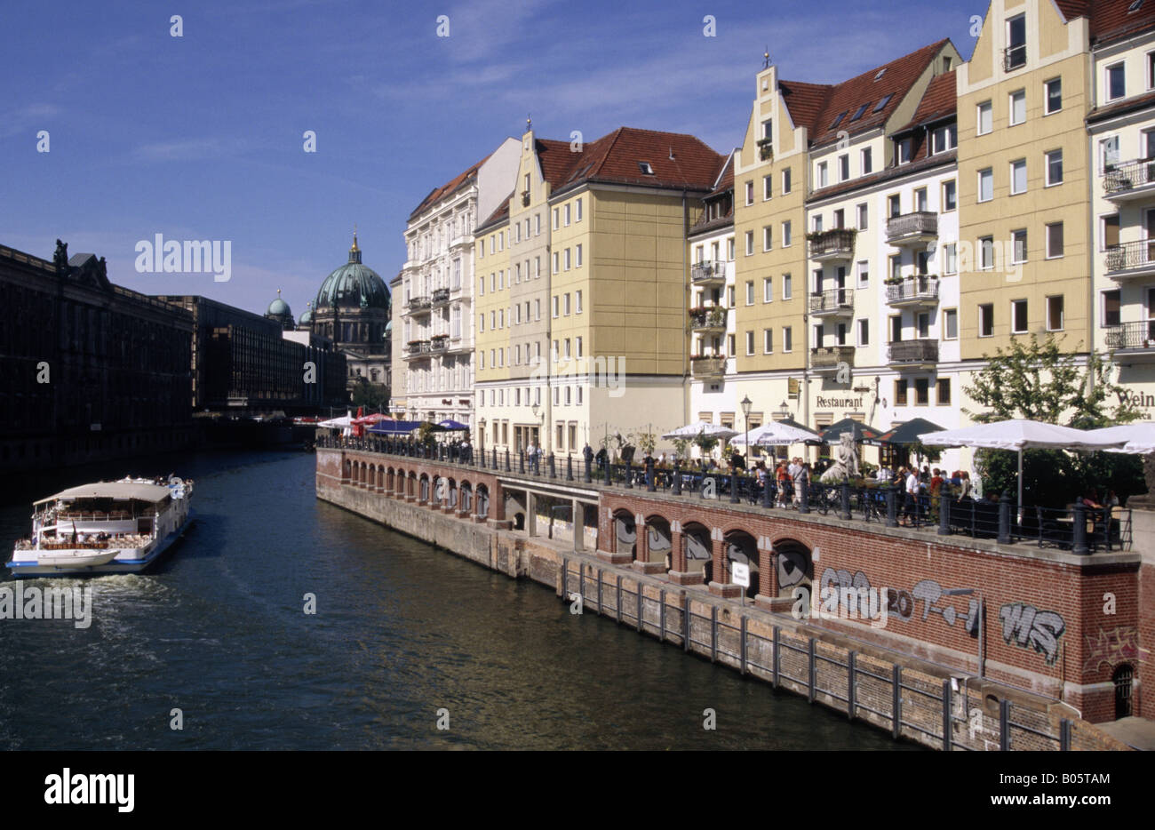 River Spree Passenger boat Waterfront buildings restaurant terrace View ...