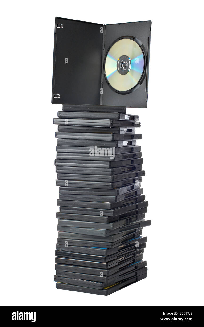 Batch of DVD movies in packing boxes isolated on white background Stock ...