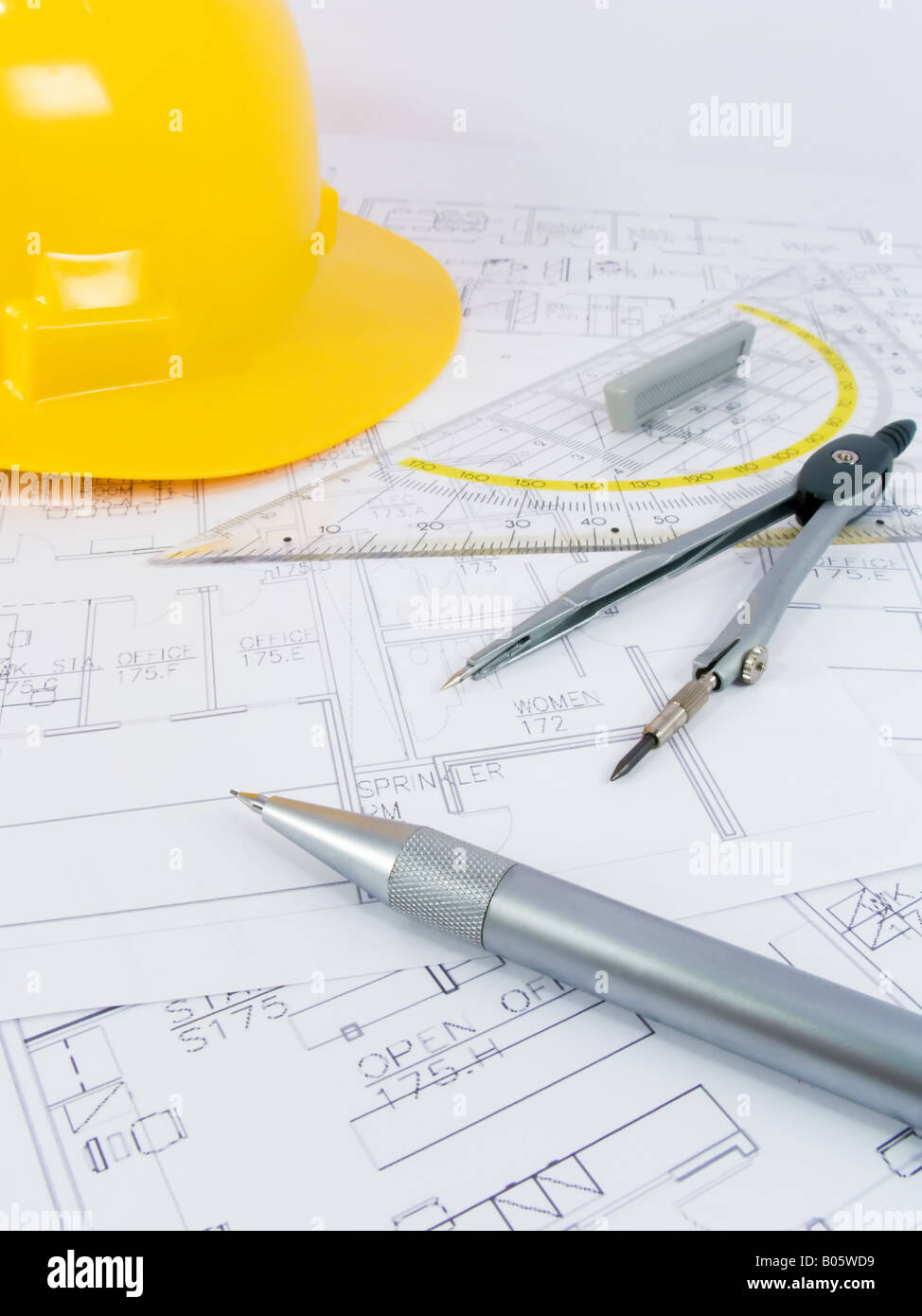 Building projects with architect drawing and protective tools Stock ...