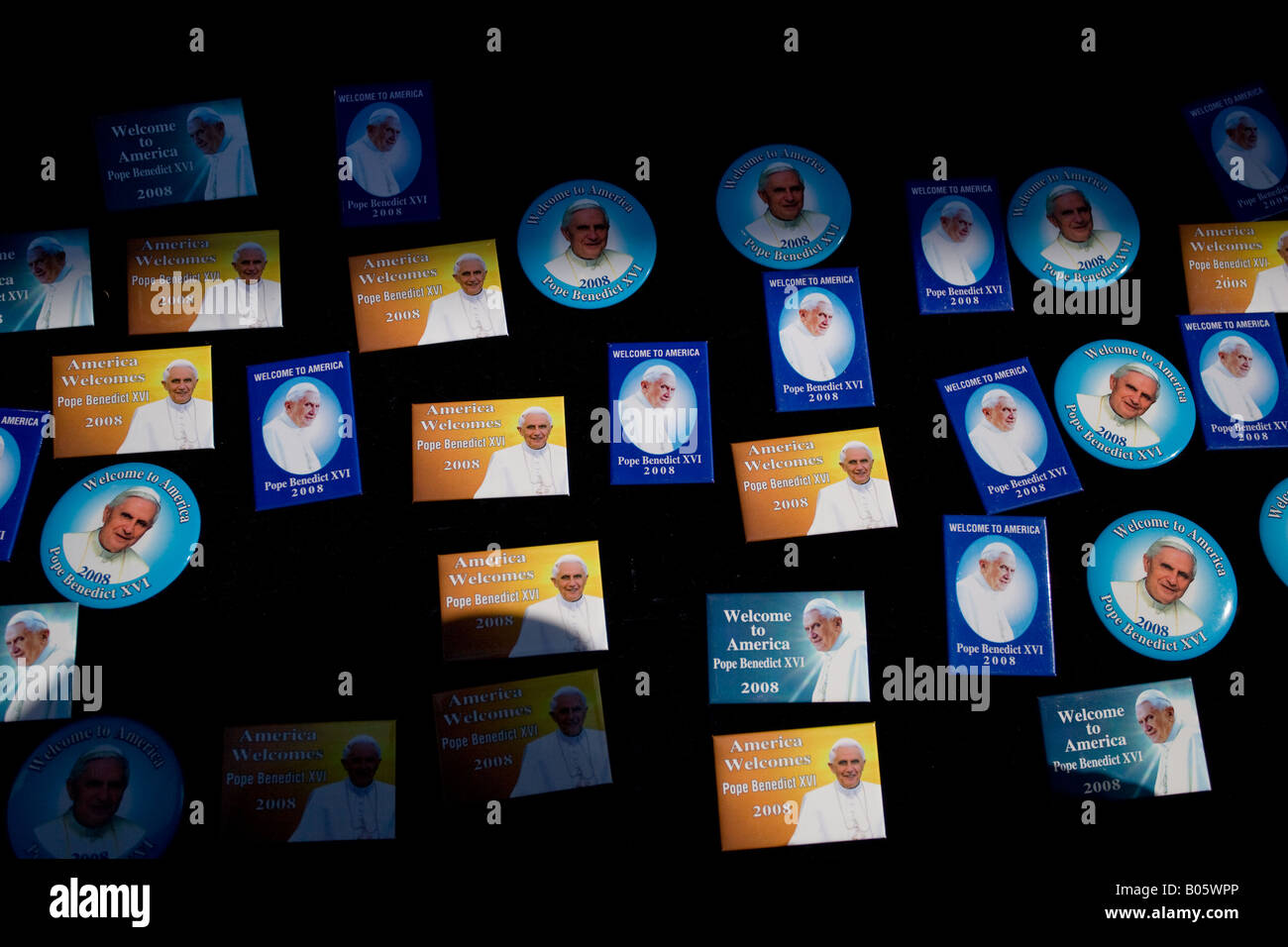 Pope buttons for sale by a street vendor in New York City during Pope ...