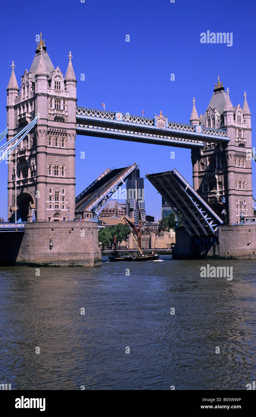 Tower Bridge raised to allow sailing ship pass, Southwark, London ...
