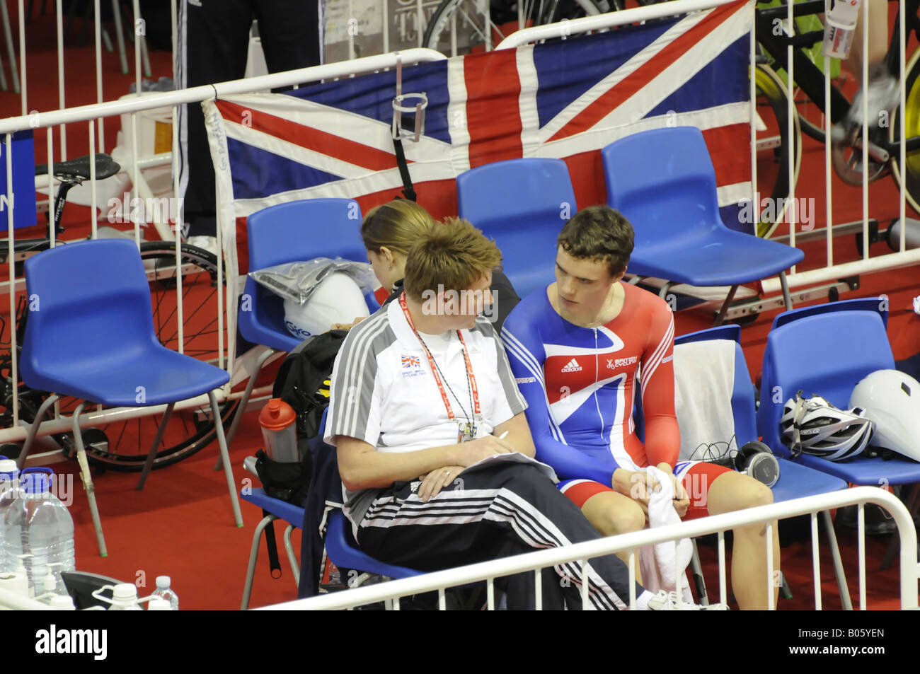 Coach talking to cyclist at 2008 UCI Track Cycling World Championships ...