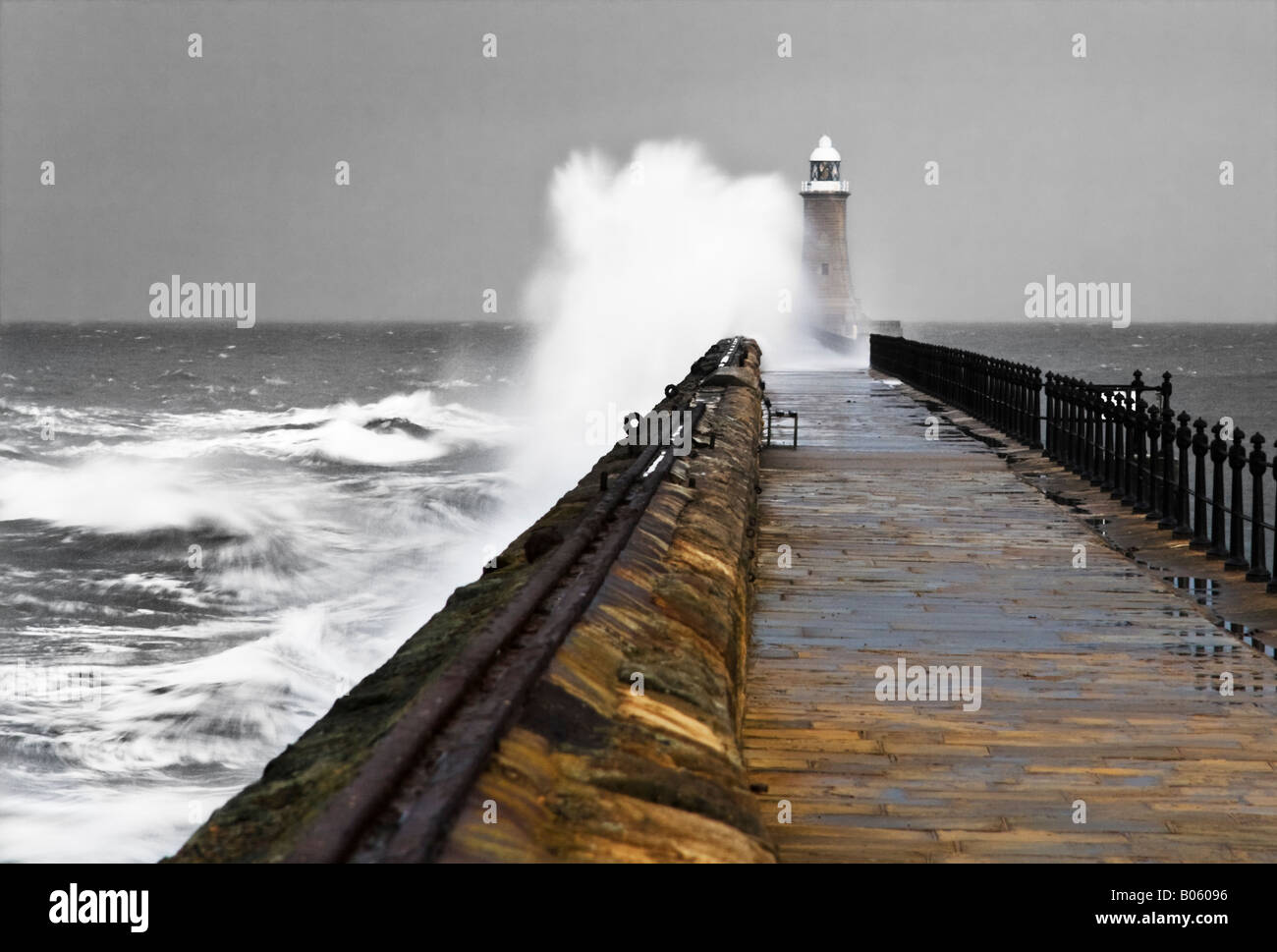 Tynemouth lighthouse during storm Stock Photo - Alamy
