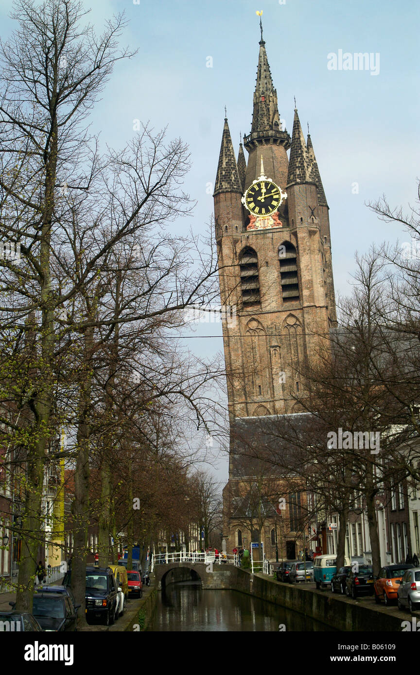 Slant tower of historic church in center of Delft town in Netherlands ...